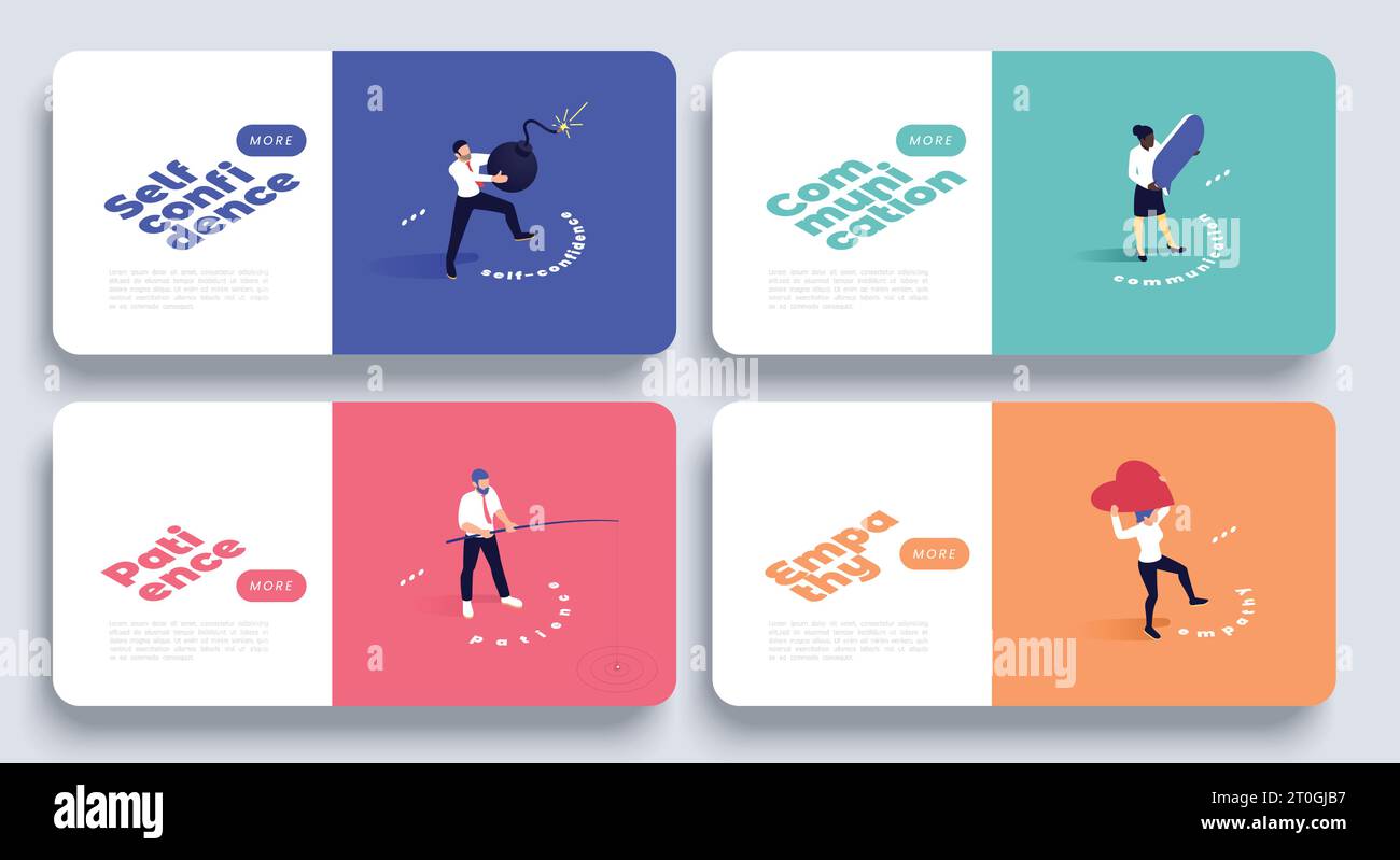 Soft skills isometric horizontal colorful banners set with self ...