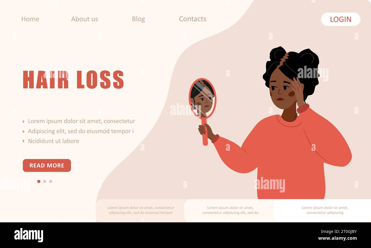 Hair loss concept. Landing page template. Sad african woman with ...
