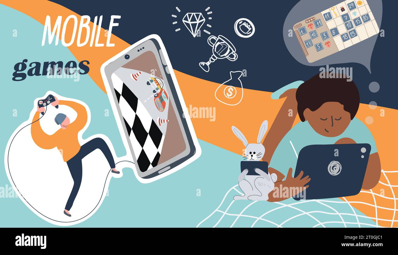 Mobile games flat collage with text and people with gadgets and outline ...