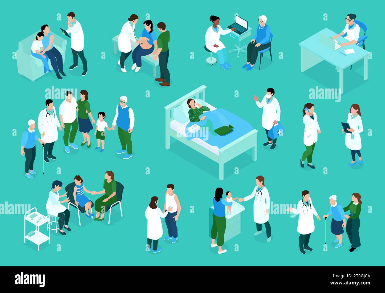 Isometric family doctor color set with isolated compositions of medical ...