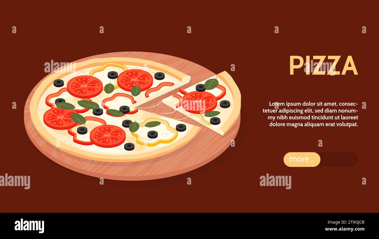 Isometric pizza horizontal banner with image of cut pizza on round ...