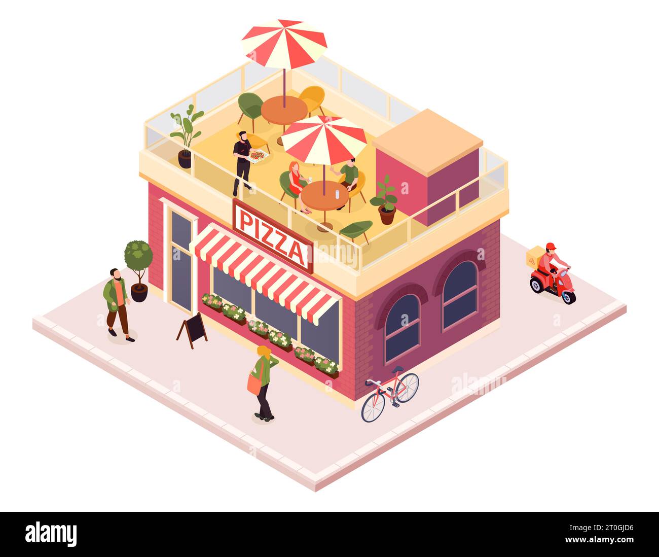 Isometric pizza composition with isolated view of pizza parlor with ...