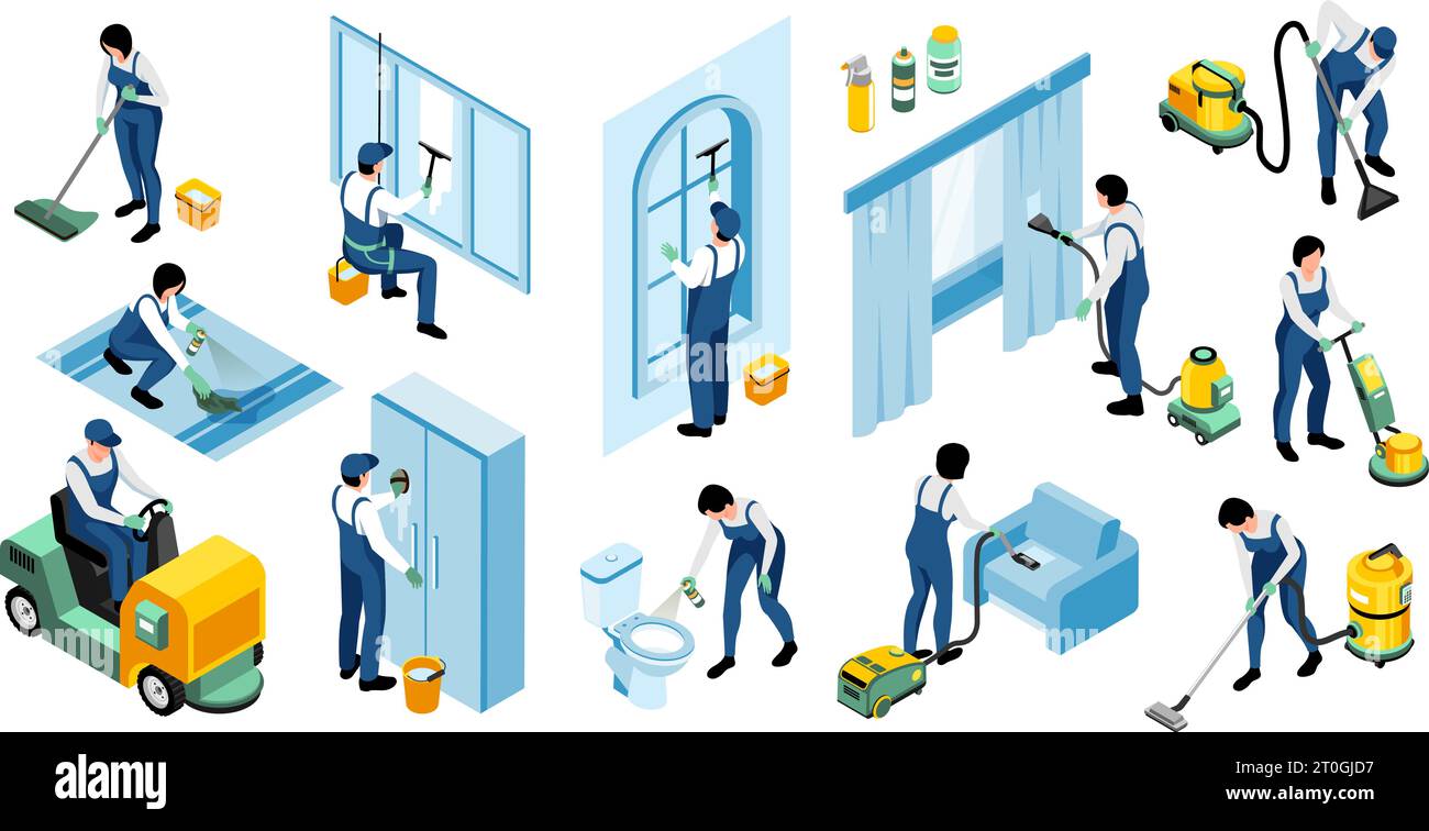 Cleaning service isometric color set of people working in cleaning ...