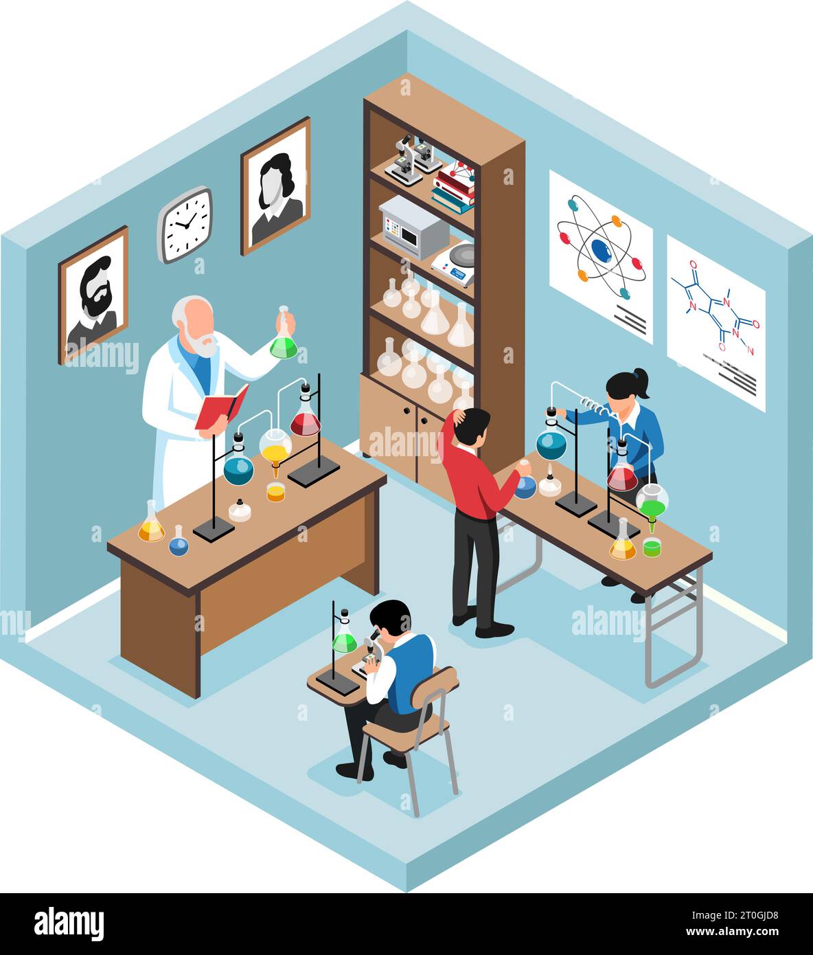 Chemistry classroom interior isometric object with teacher and pupils ...