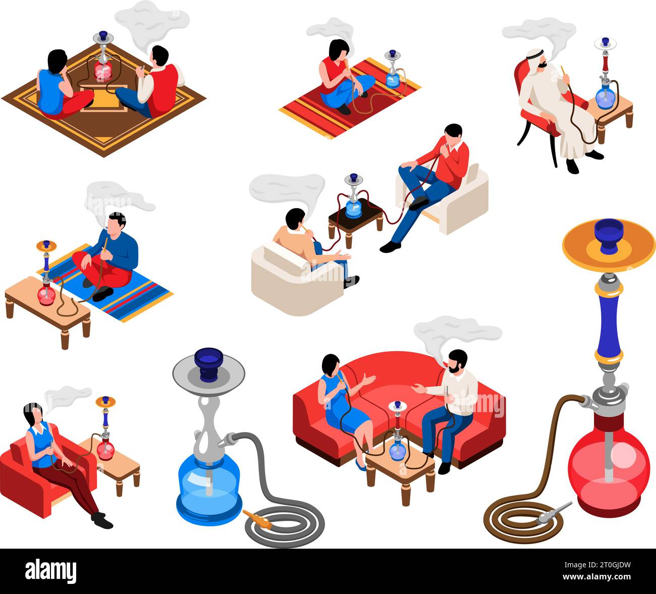 Lounge bar isometric set of people relaxing and smoking hookah in club ...