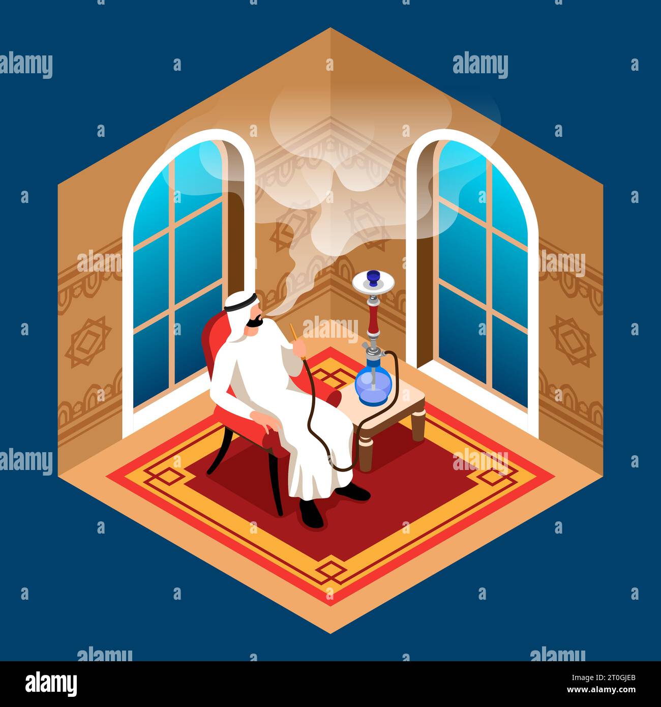 Hookah bar isometric colored composition at blue background with arabic ...