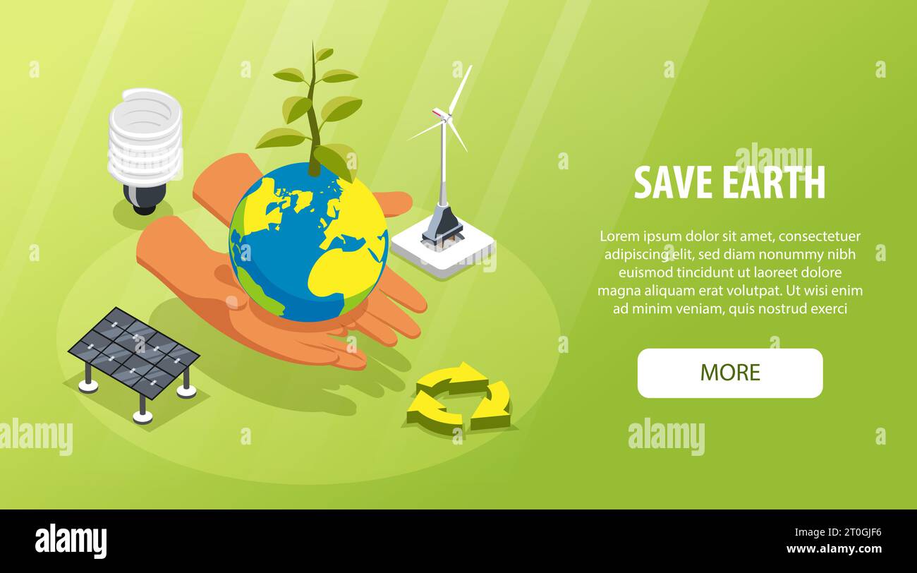 Save earth horizontal green banner with eco bulb wind turbines solar ...