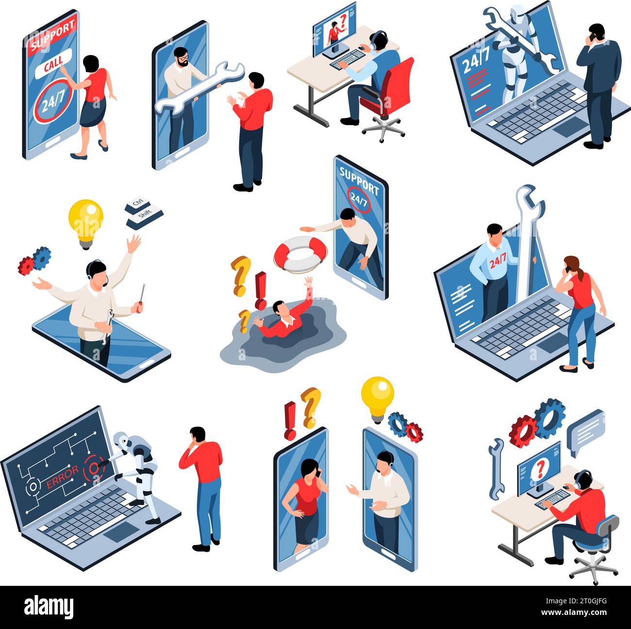 Technical support isometric set of specialists and hotline consultants ...