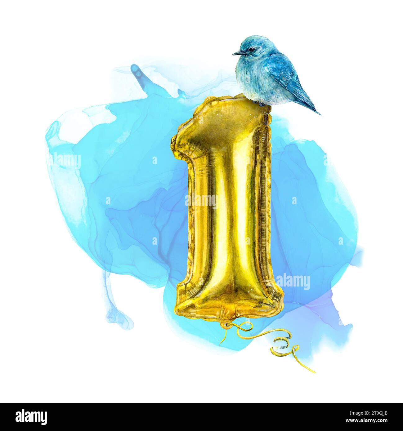 Watercolor illustration set of golden balloon and bluebird and light ...