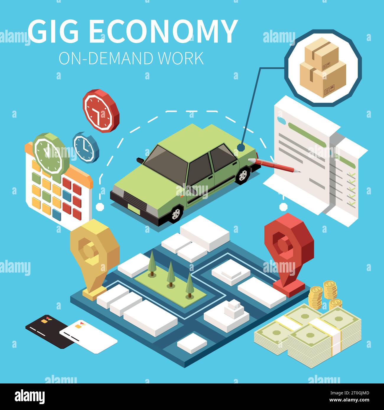 Gig economy isometric composition with editable text and icons of money ...