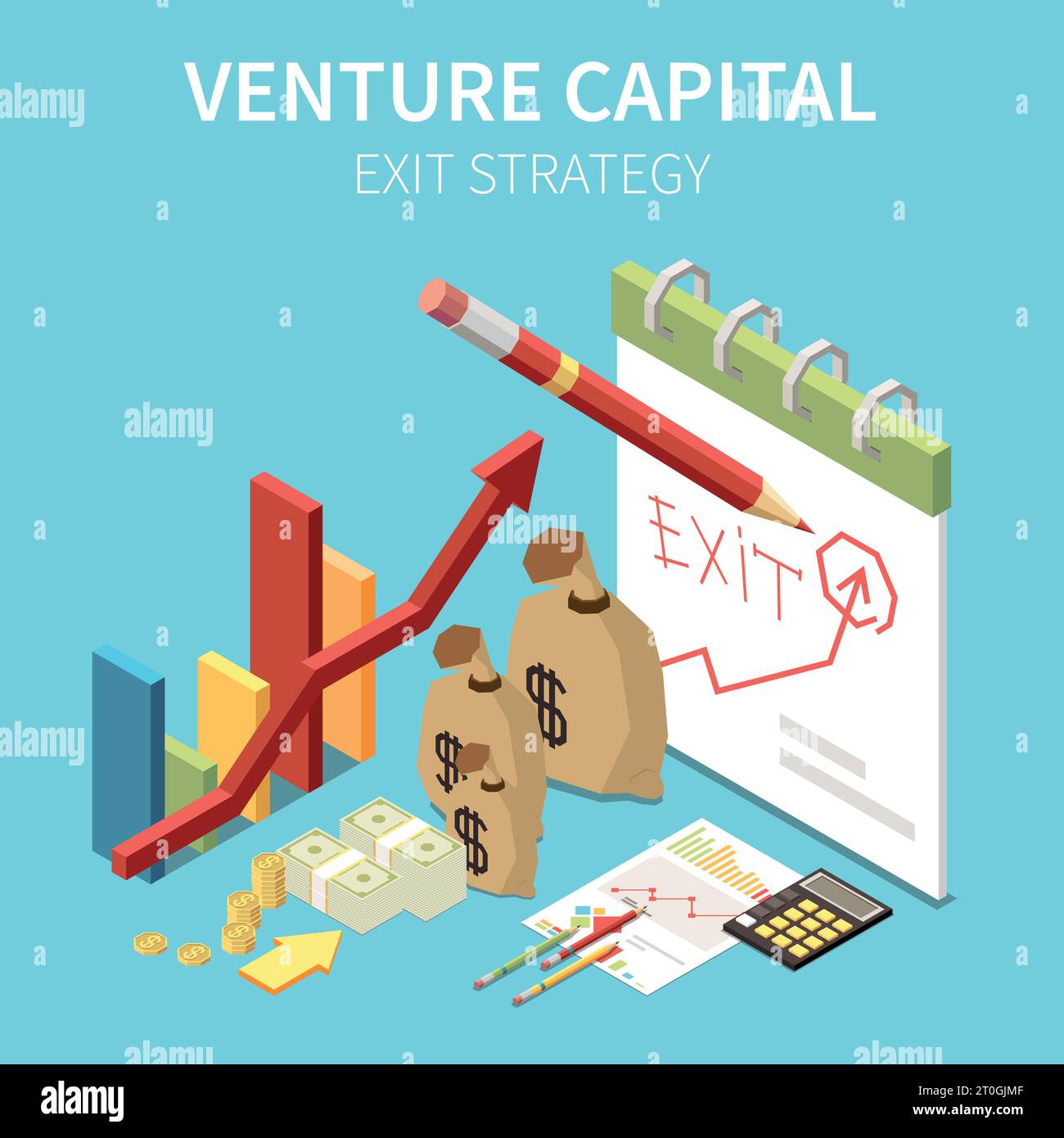 Venture capital isometric composition with icons of money sacks bar ...