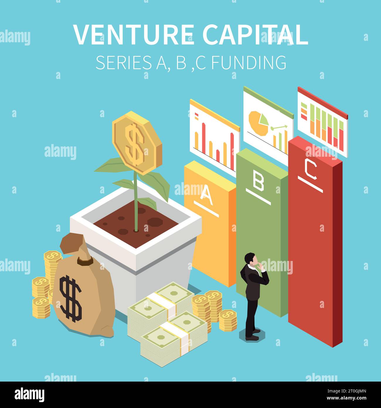 Venture capital isometric composition with bar chart elements money ...