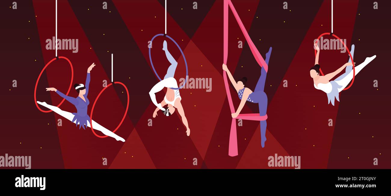 Isometric circus composition with characters of aerial performers ...