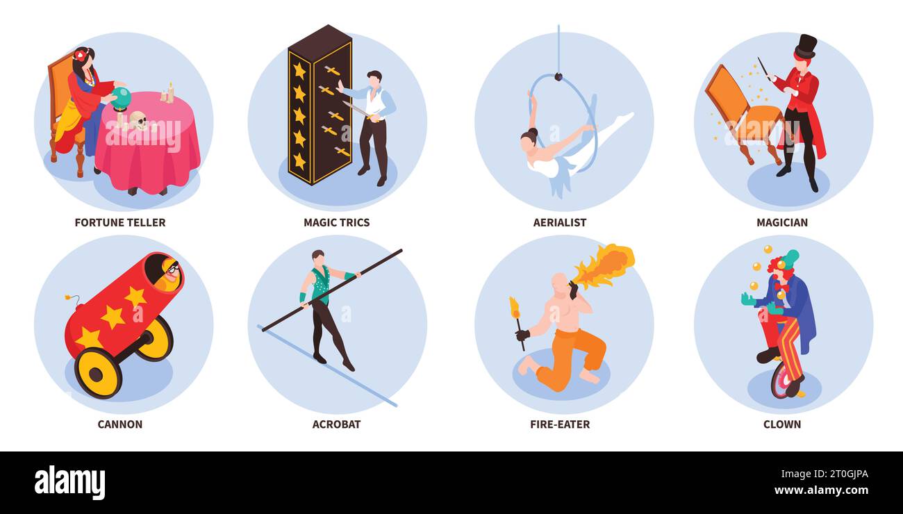 Isometric circus set of isolated round compositions with artists ...