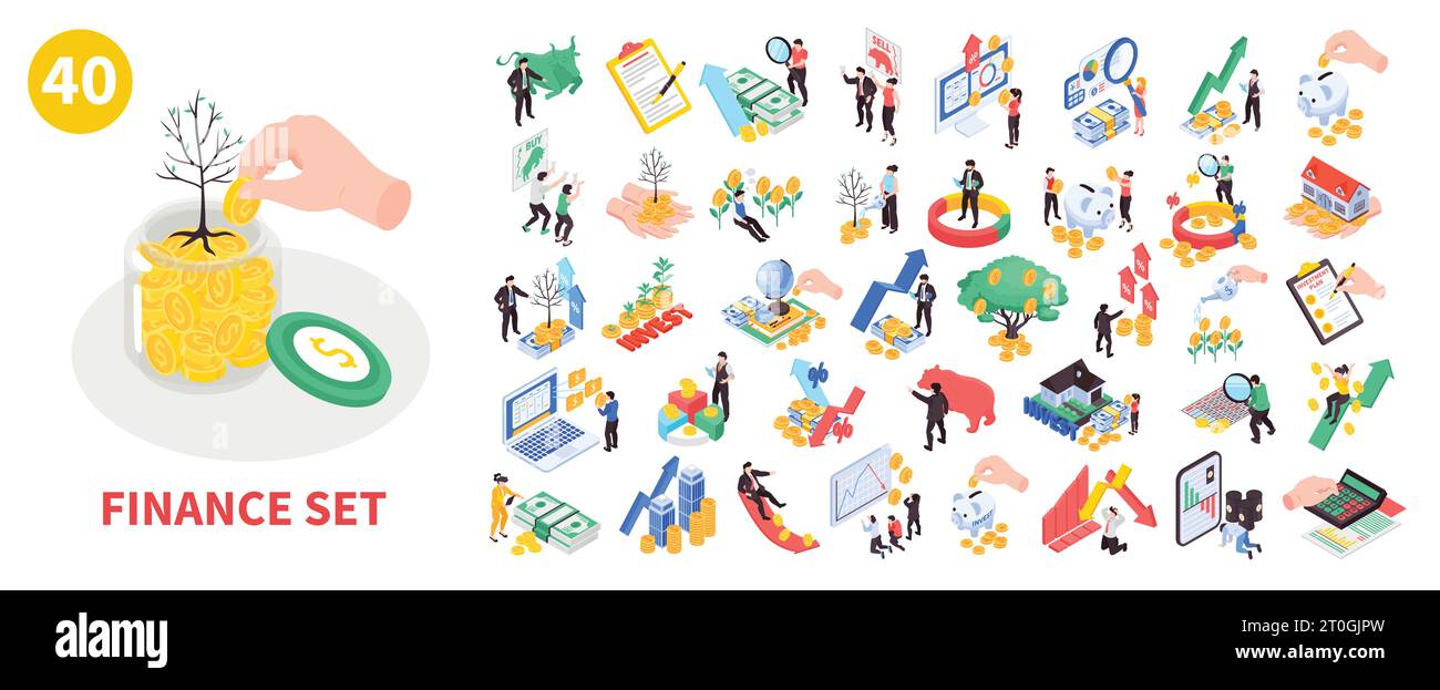 Isometric finance set of isolated icons with human hand coins tree and ...