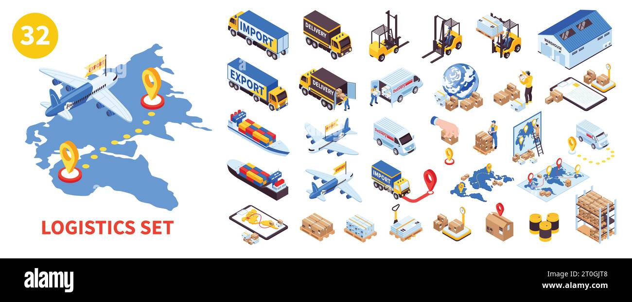 Isometric cargo logistics set with isolated icons of vehicles parcels ...
