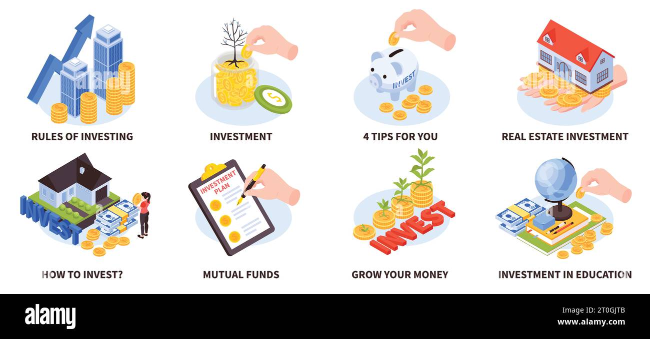 Set with isometric investment compositions with conceptual icons of ...