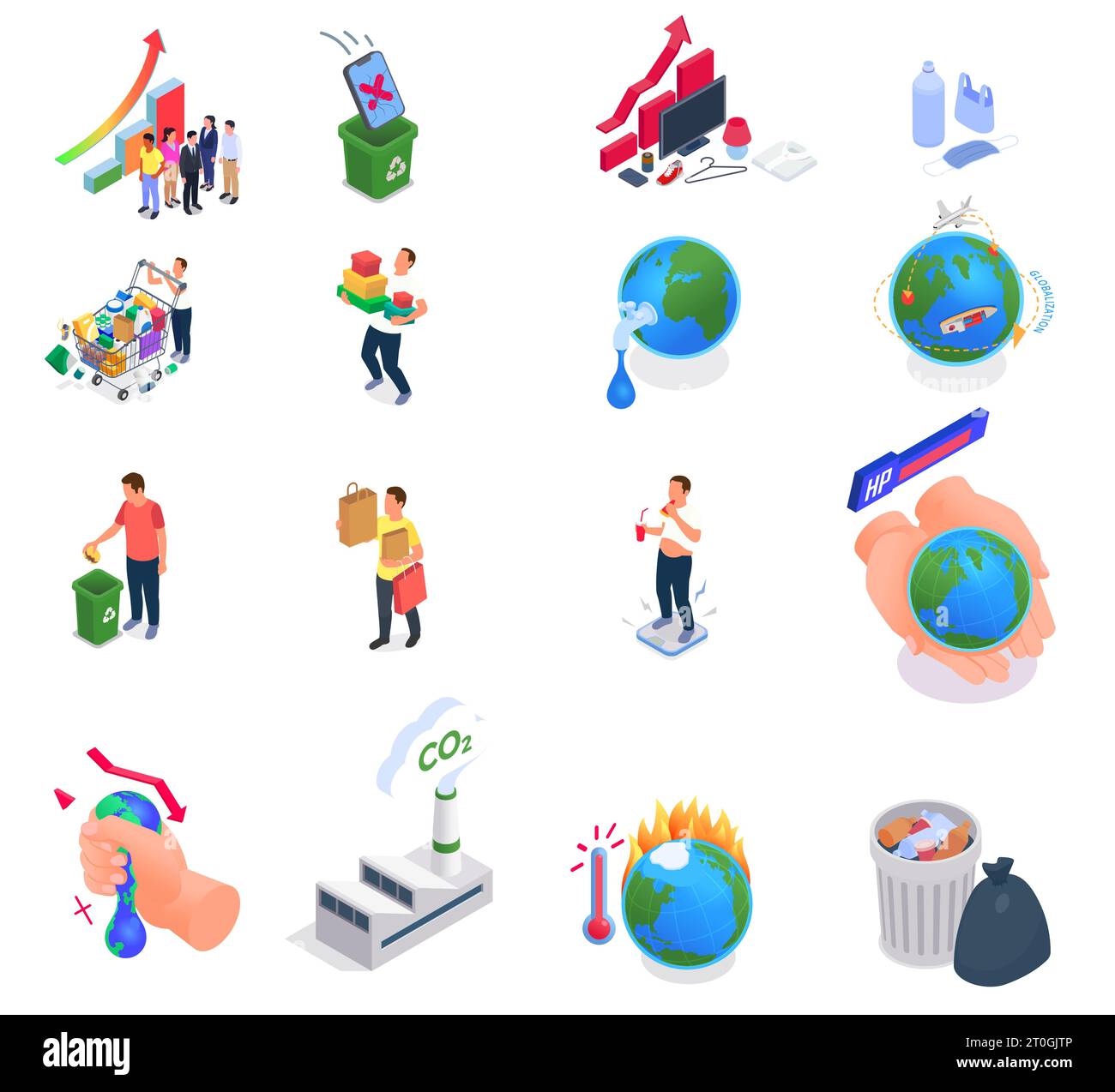 Consumerism isometric icons set with food overconsumption symbols ...