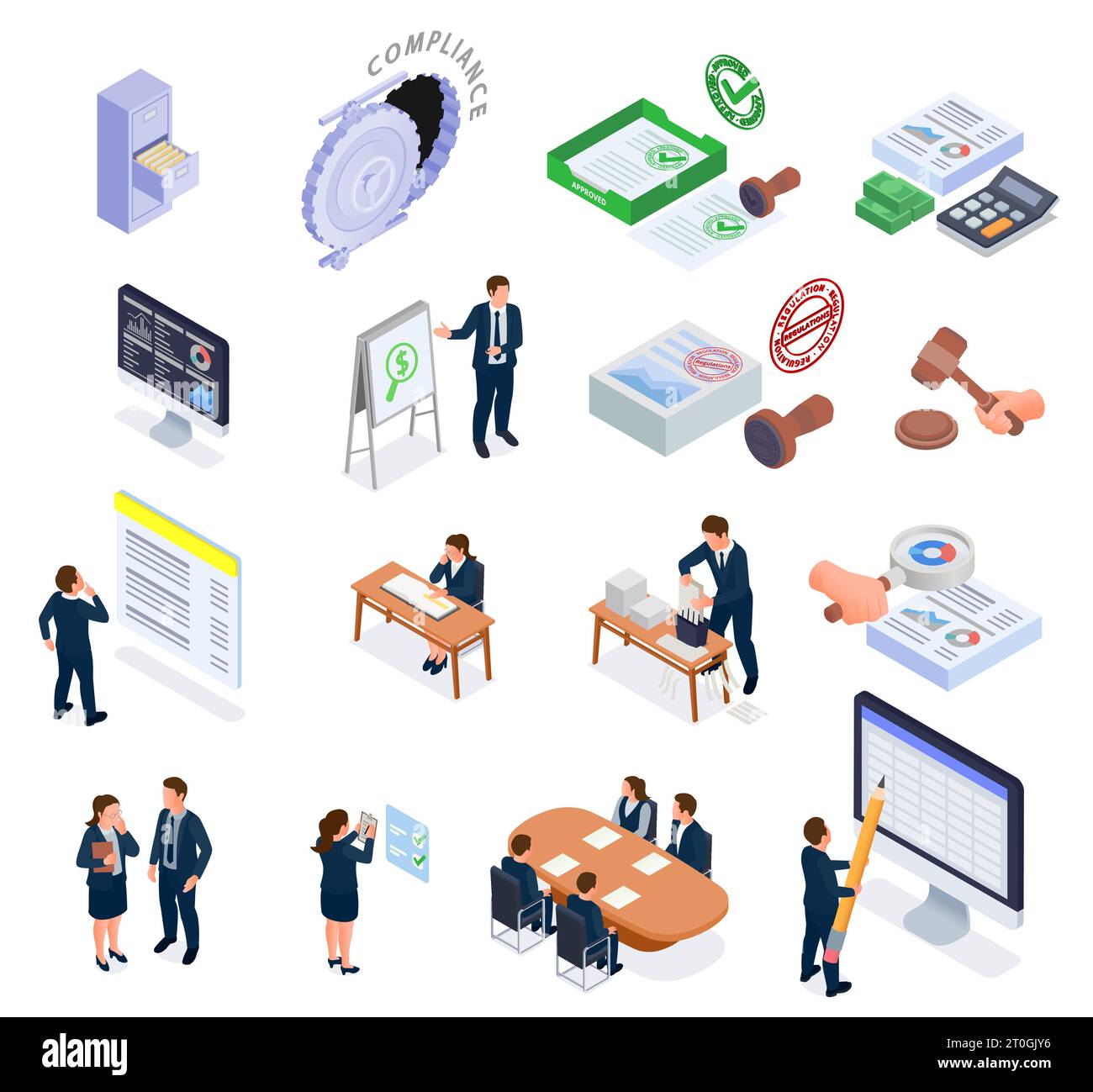 Financial regulation isolated icons set with bank legal requirements ...
