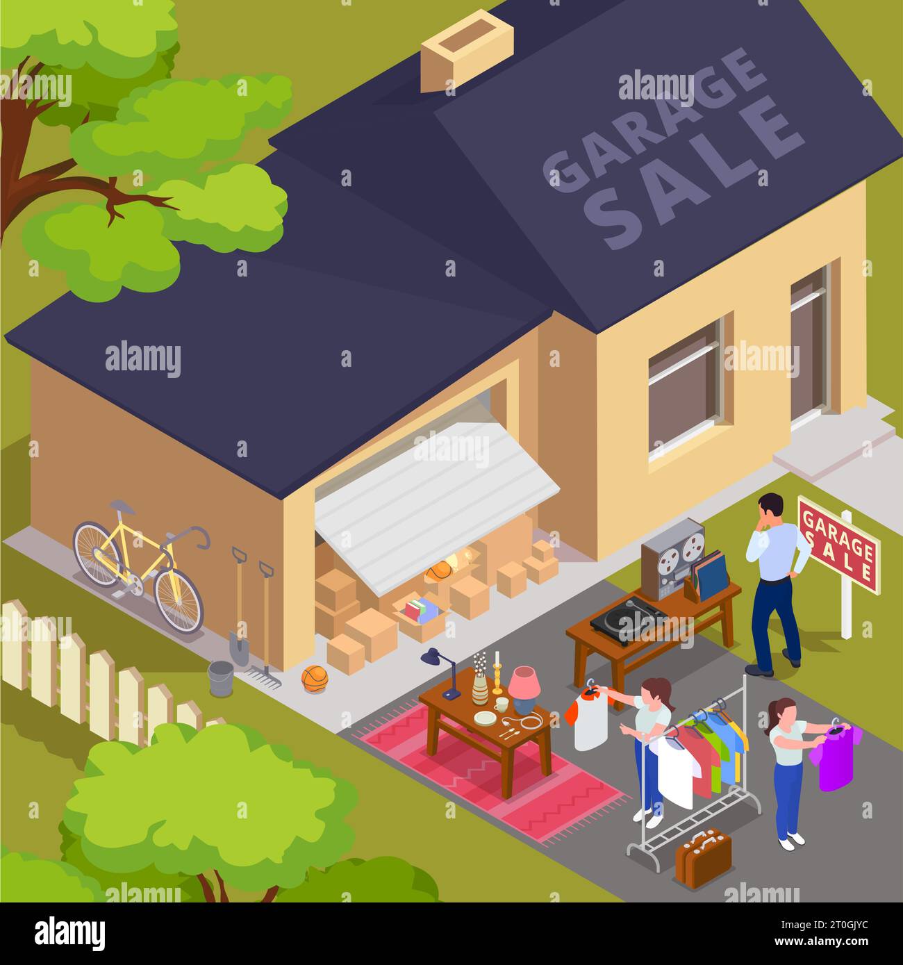 Garage sale isometric concept with people selling and buying second ...