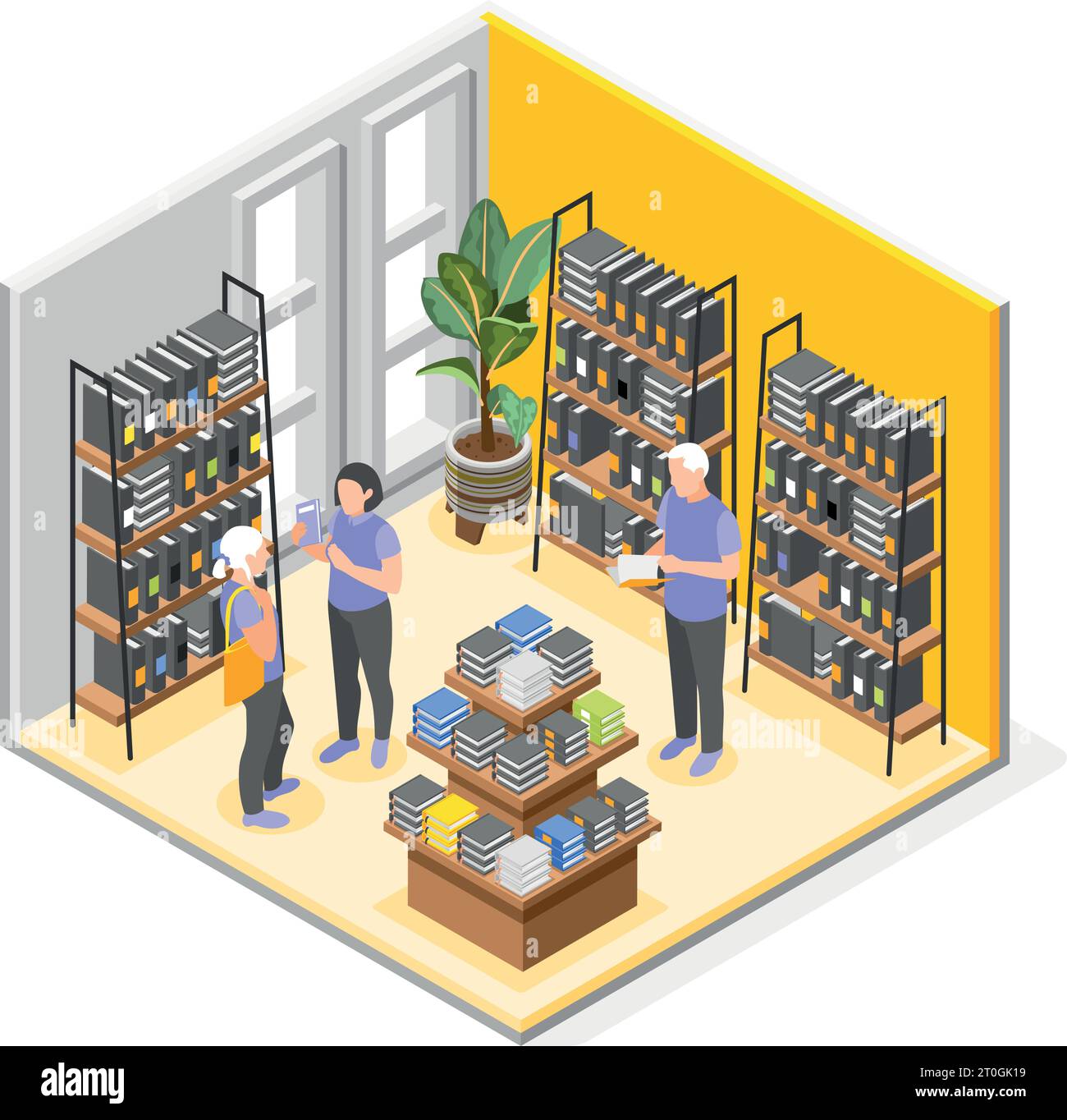 Book store interior isometric composition with shop assistant helping ...