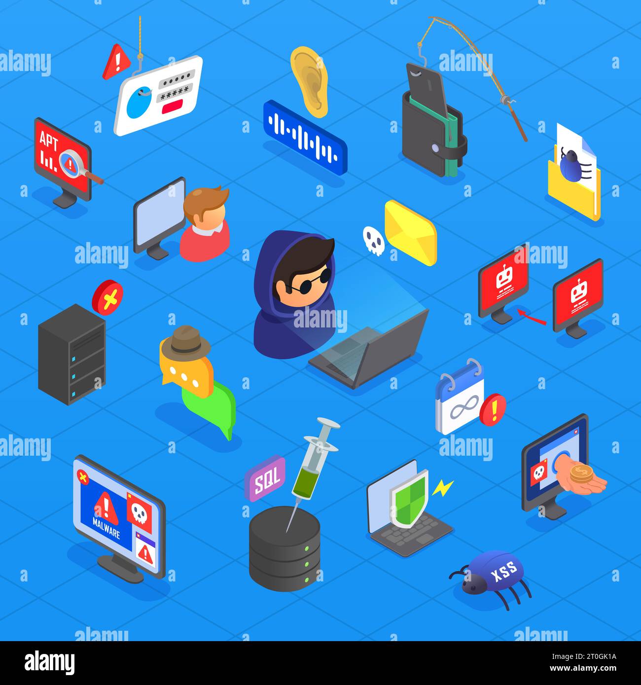 Cyber security isometric concept with hacker attack symbols vector ...