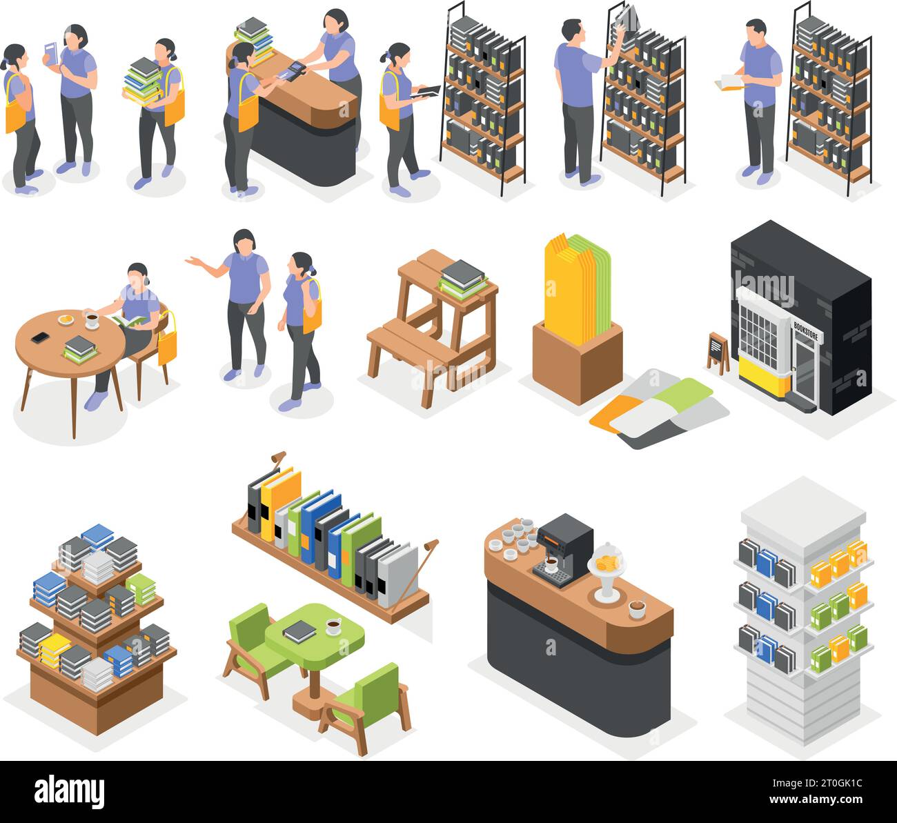 Book store interior elements customers and shop assistants isometric icons set isolated 3d ...