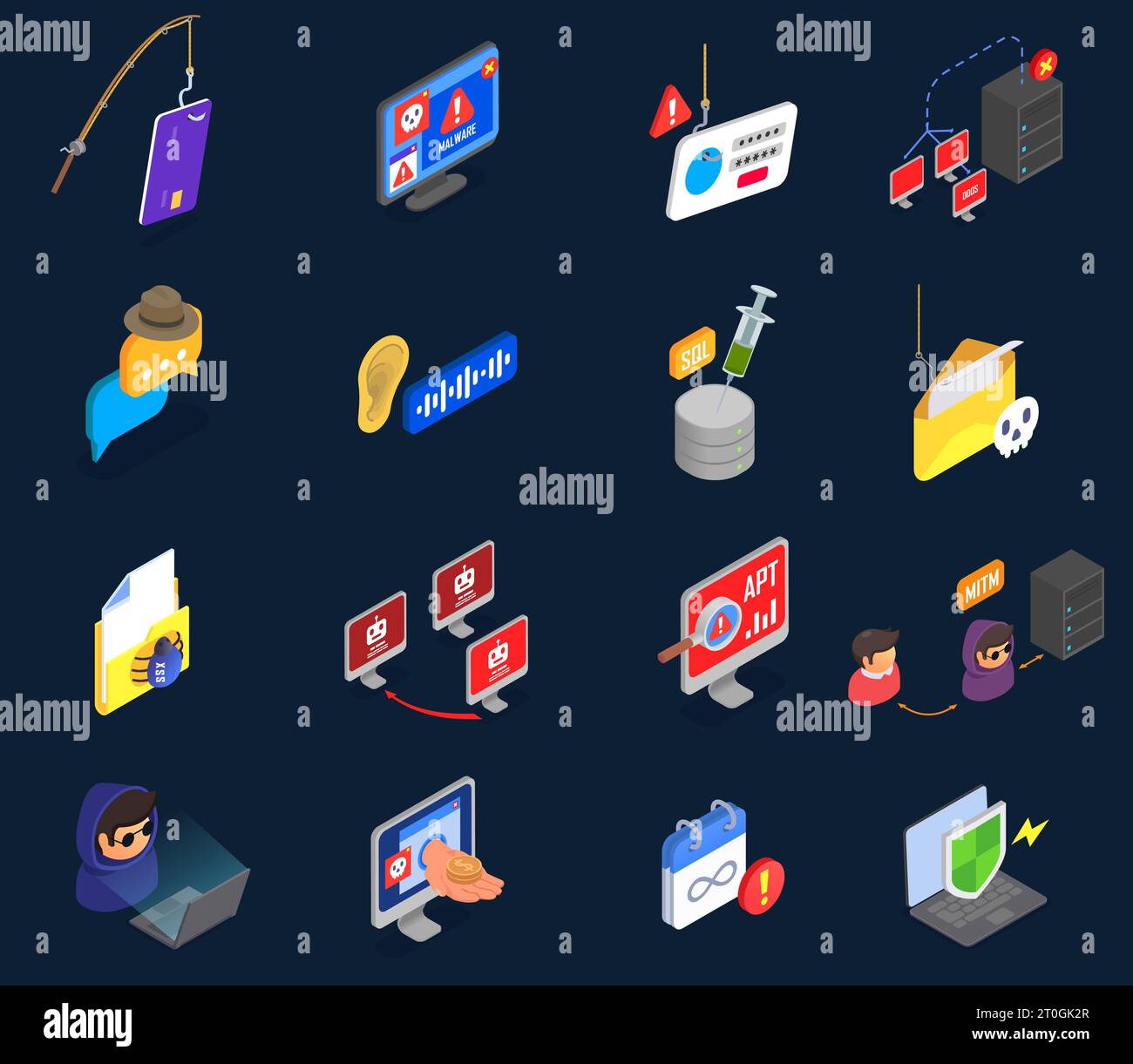Cyber security isometric icons set with hacker attack symbols isolated vector illustration Stock ...