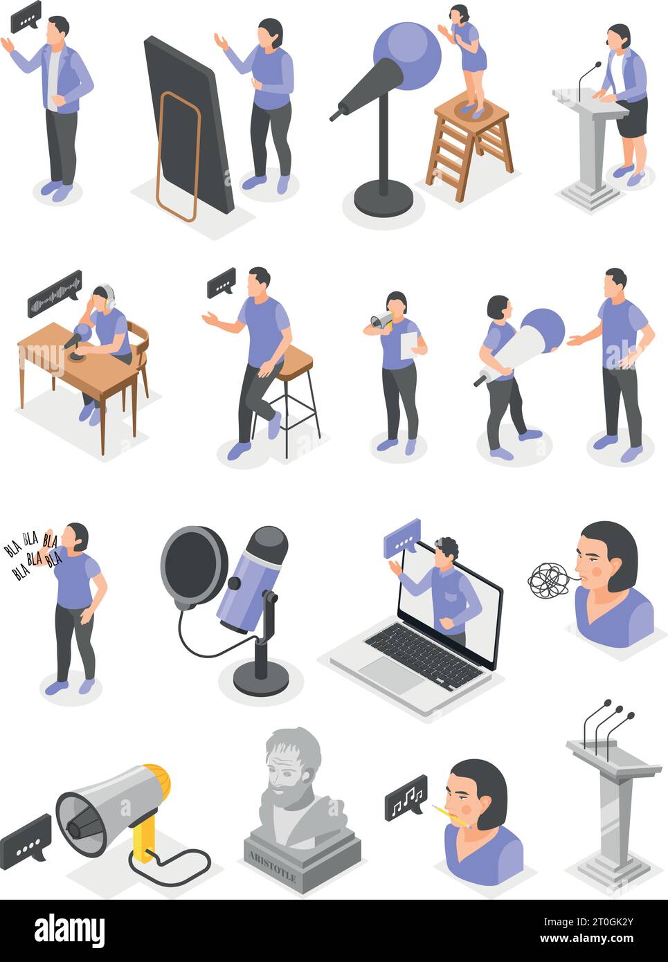 Rhetoric public speaking training isometric icons set with people ...