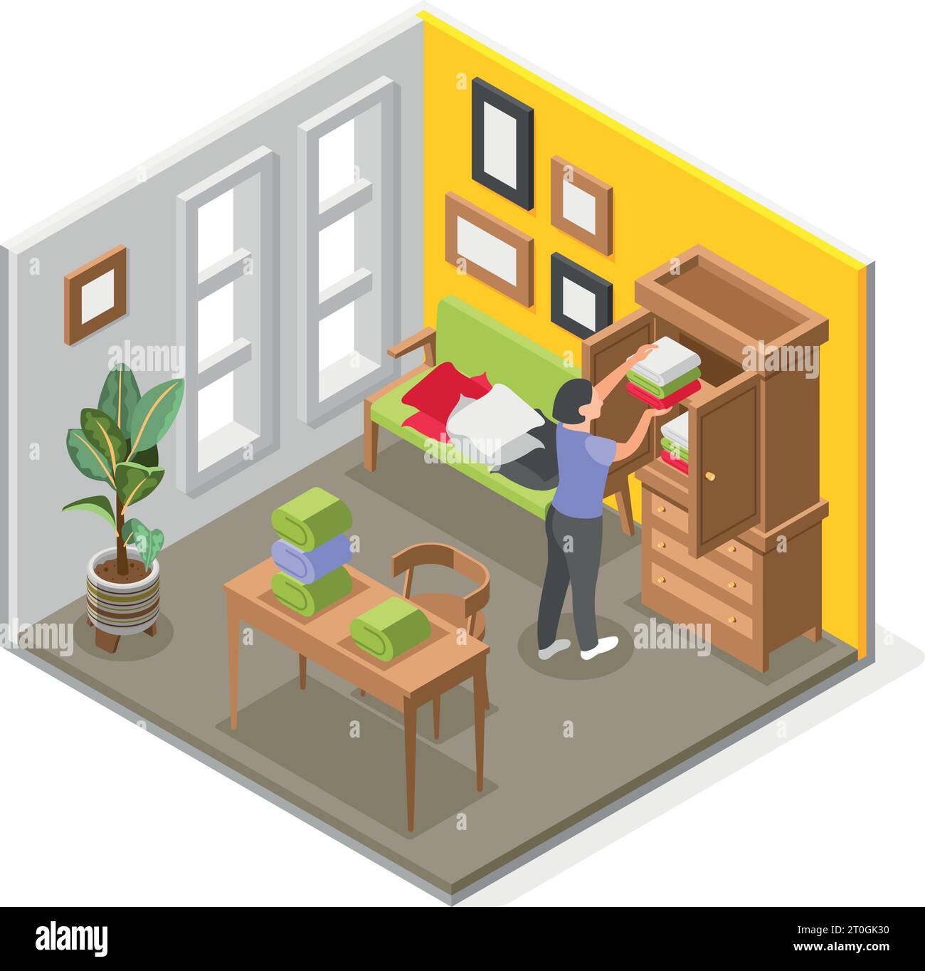 Woman putting clothes in order and decluttering her wardrobe isometric ...