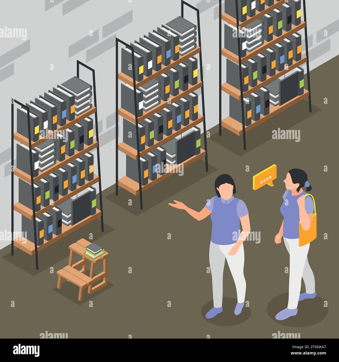 Female shop assistant helping customer choose book in store isometric background vector ...