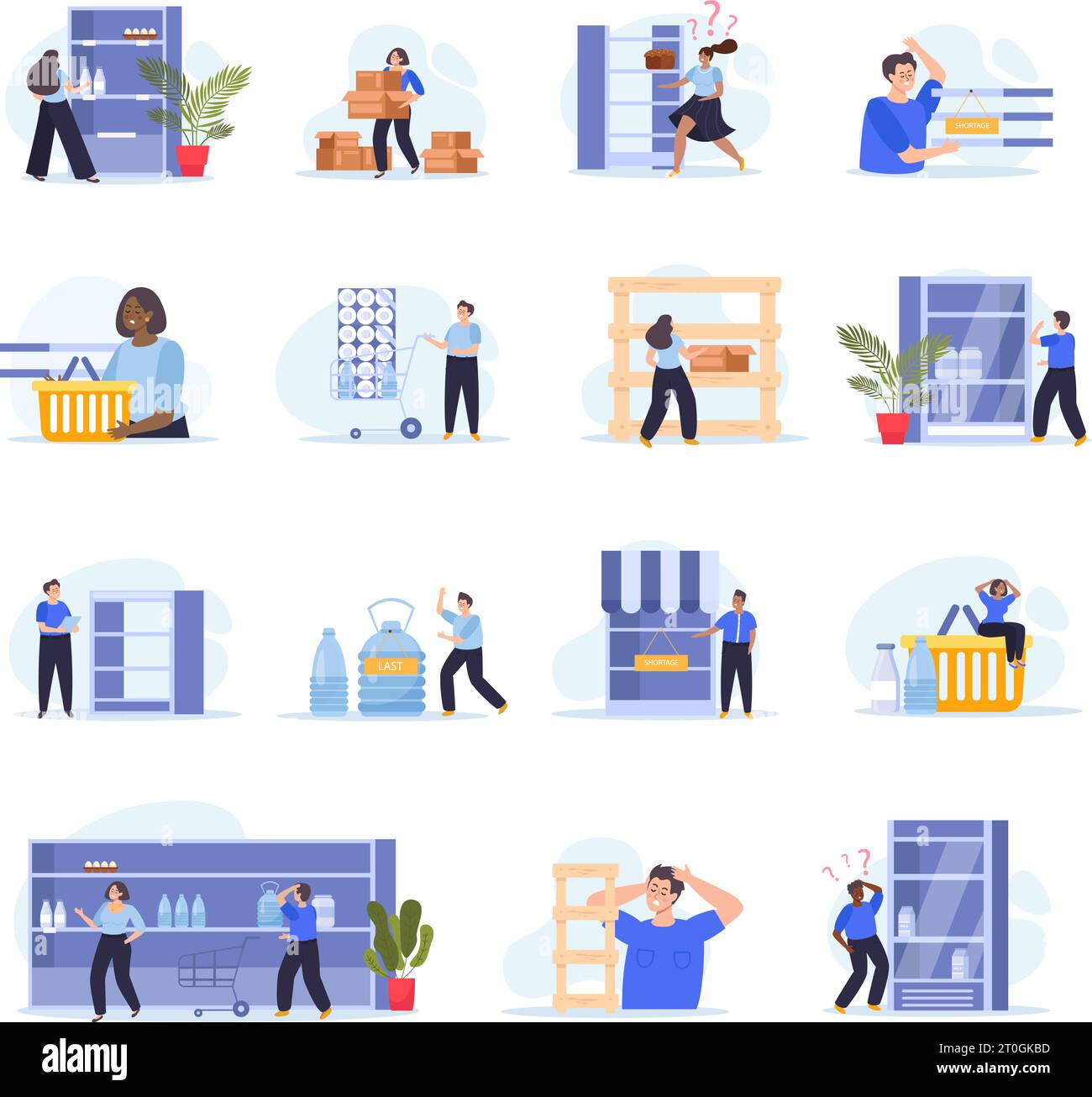 Shortage of goods flat set of isolated icons with supermarket shelves ...