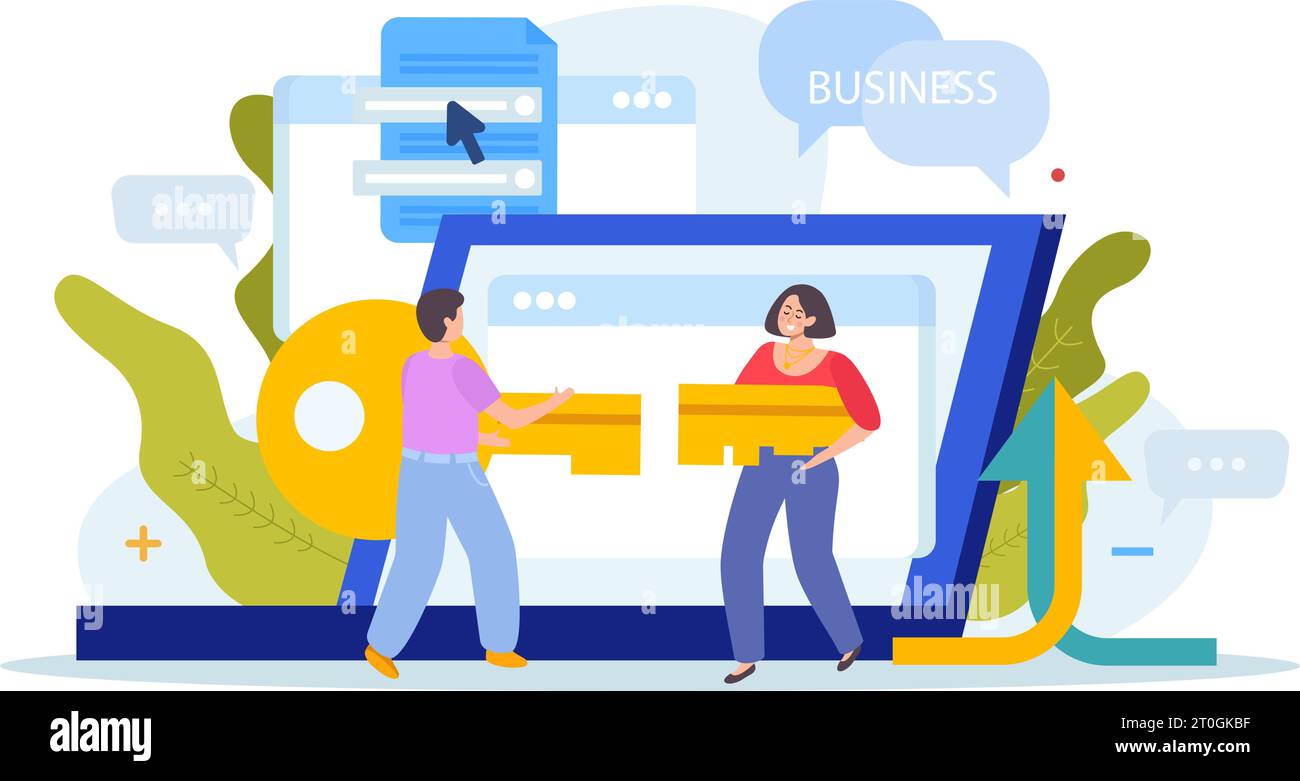 Business merger concept flat composition with laptop and icons of ...