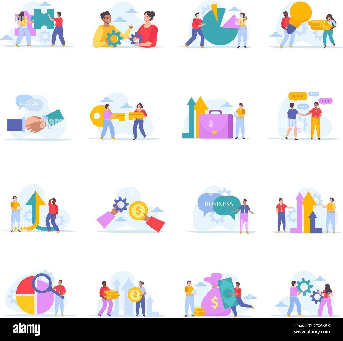 Business merger concept set with icons of puzzle pieces gears coins ...