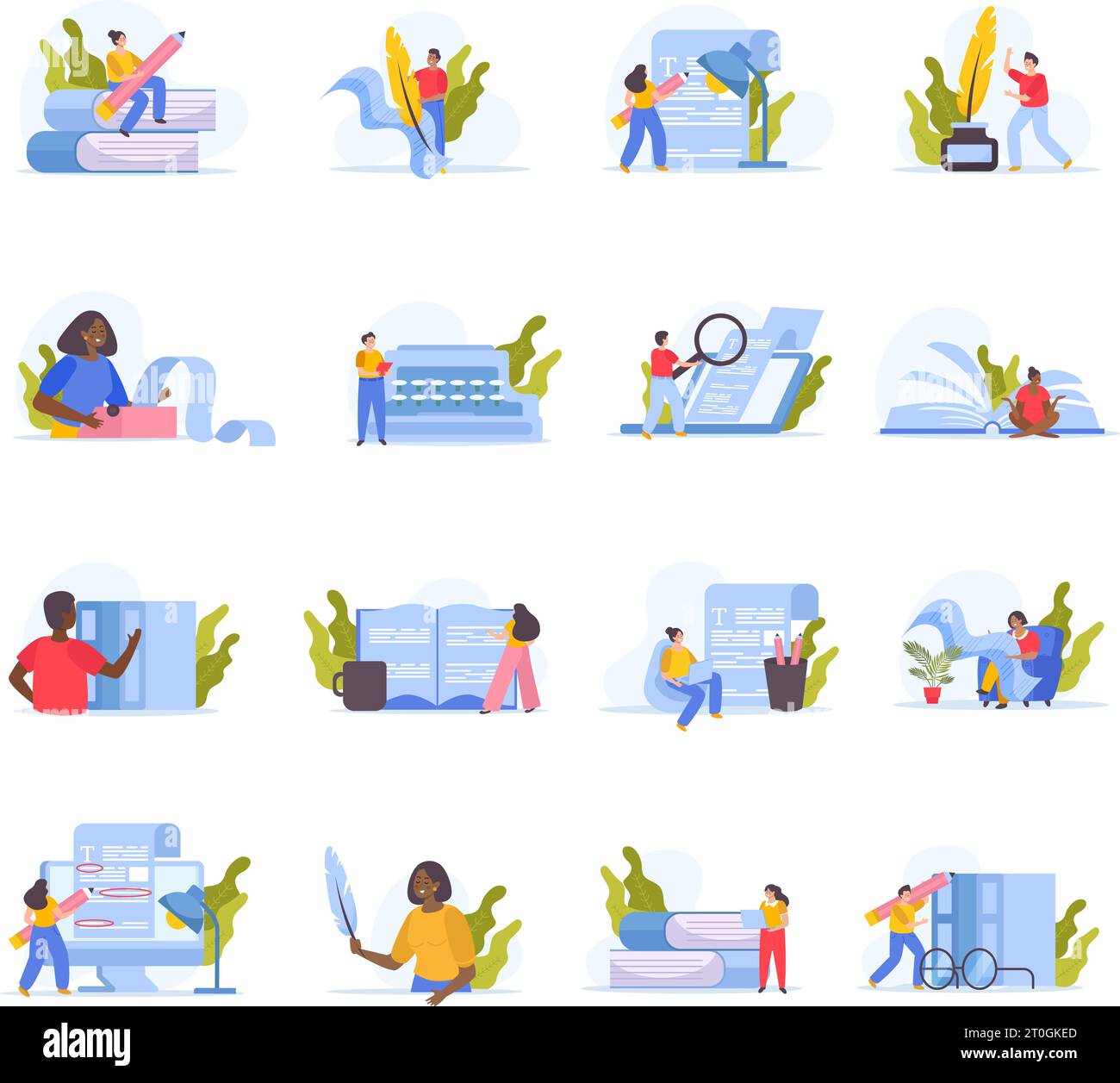 Writer flat set of isolated icons with fresh leaves books ink wells and ...