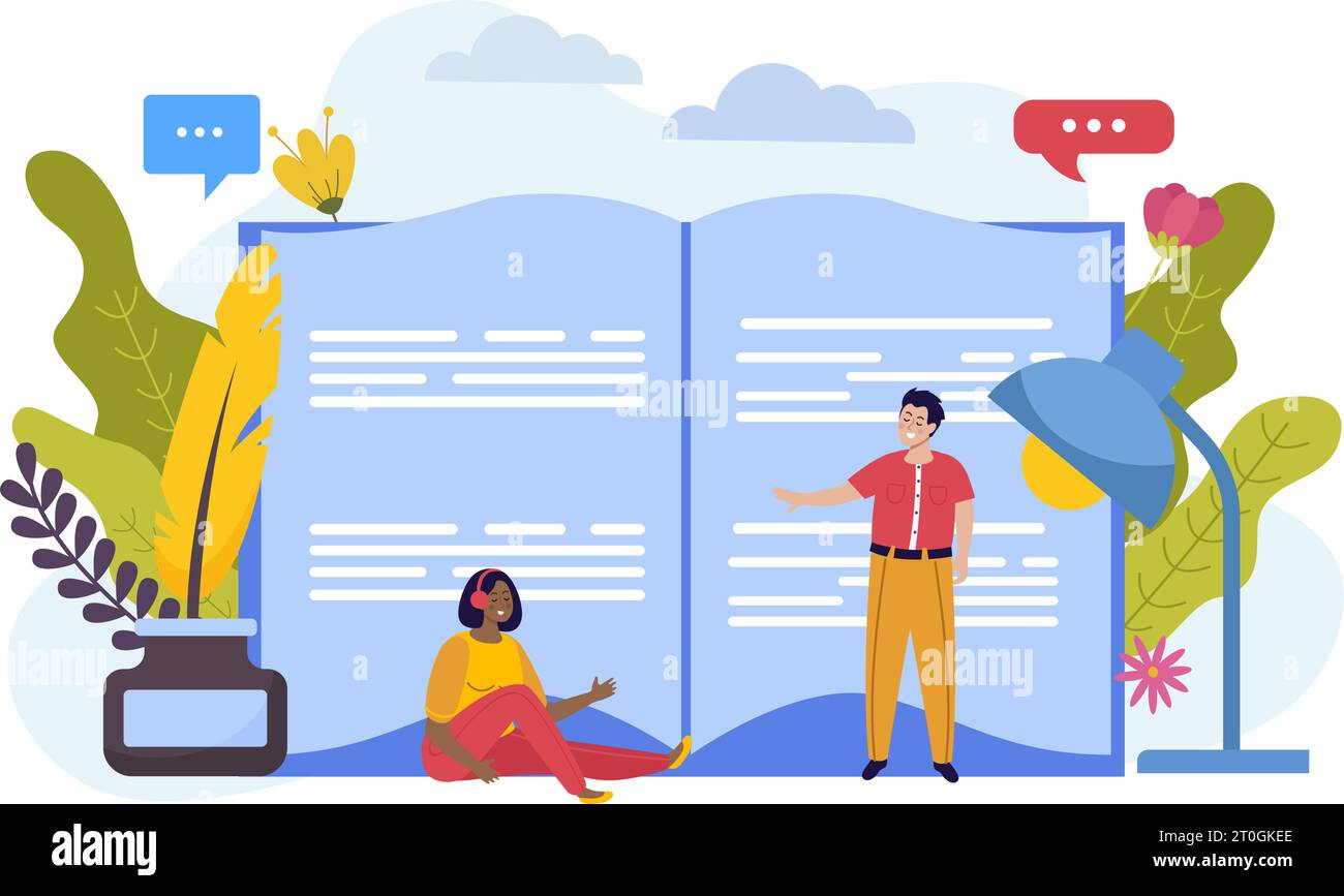 Writer flat composition with view of open book with lamp ink well ...