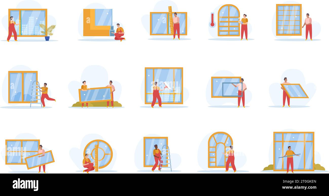 Plastic windows set with flat isolated icons of renovation workers installing new windows on ...