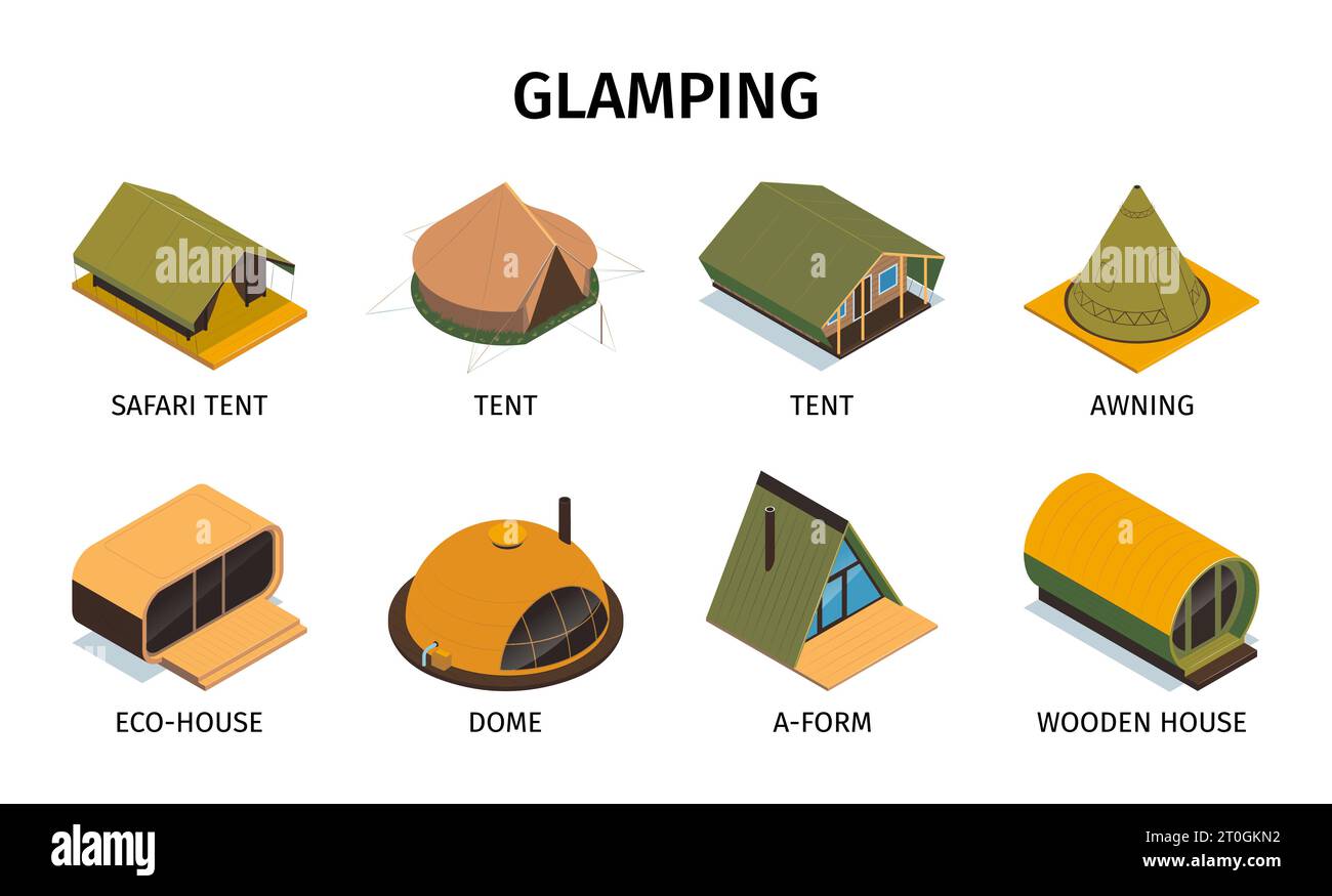 Isometric glamping set of isolated compositions with text captions and ...