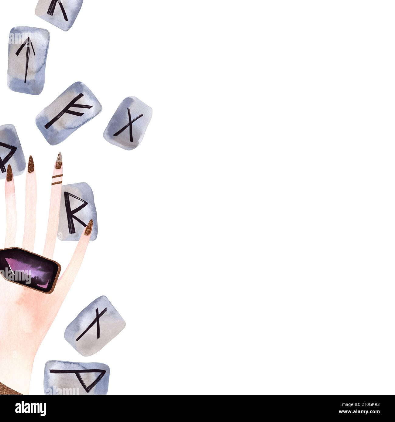 Rune divination. A feminine graceful hand with rings and bracelets lays ...