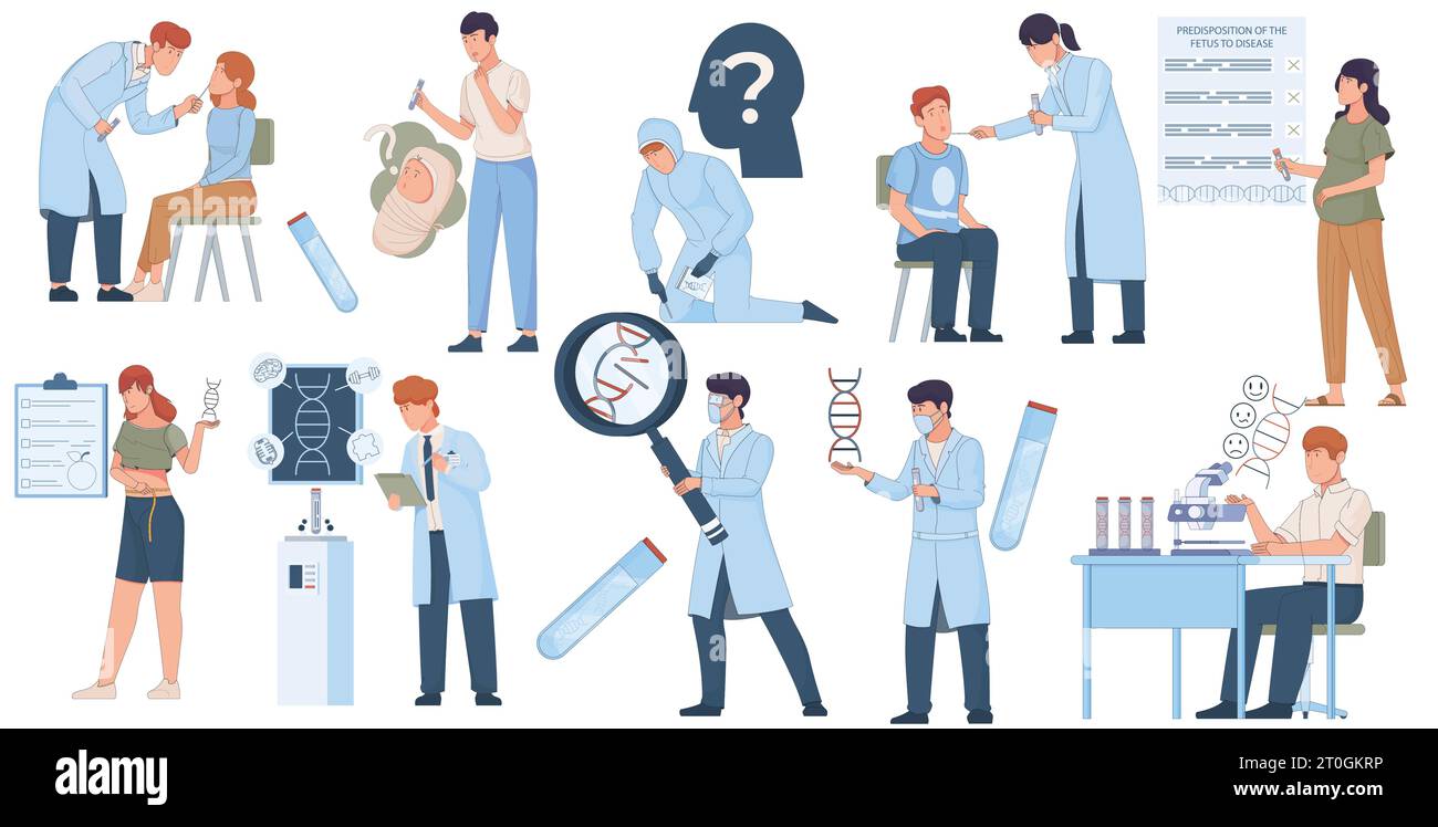 Genetic test people flat set of isolated icons with doodle human ...