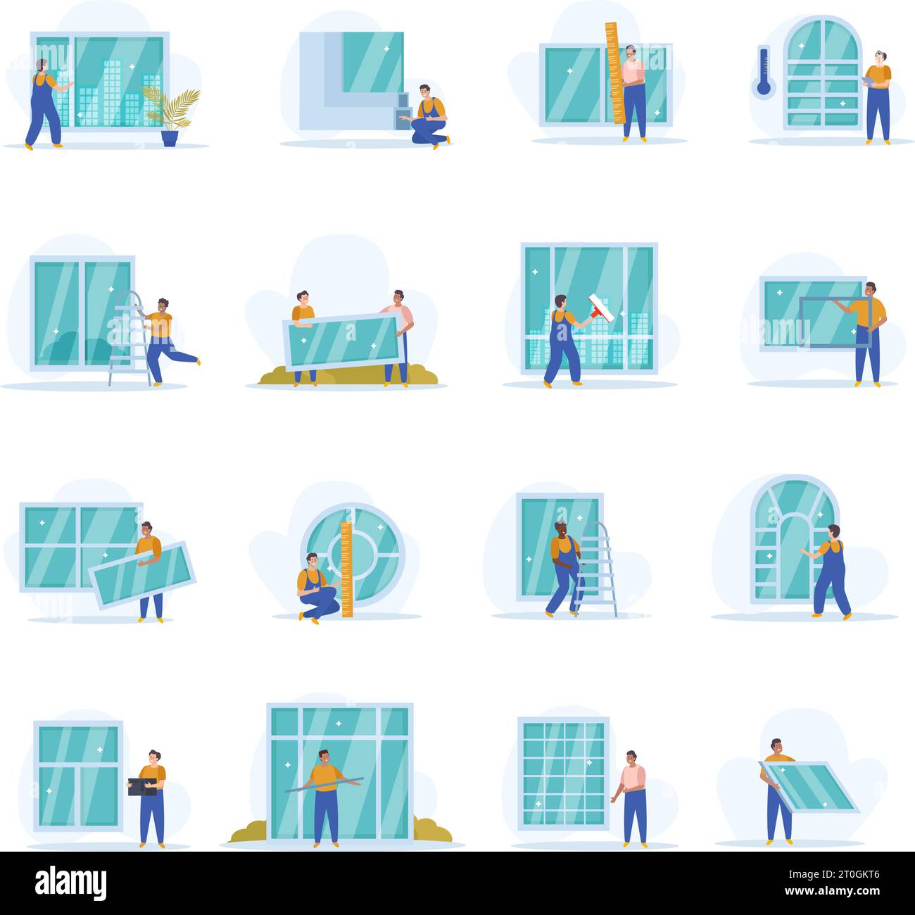 Plastic windows set of flat isolated icons with workers in uniform ...