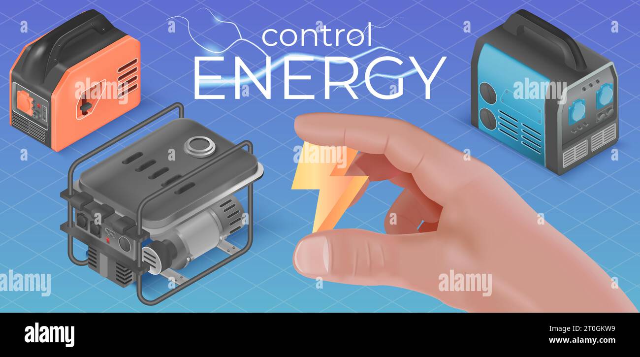 Electric generator realistic composition with editable text lightning ...