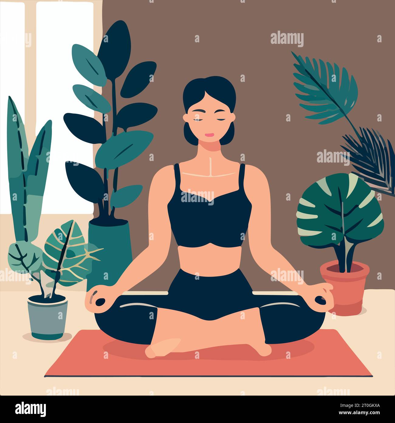 Woman meditating in nature and leaves. Concept illustration for yoga ...