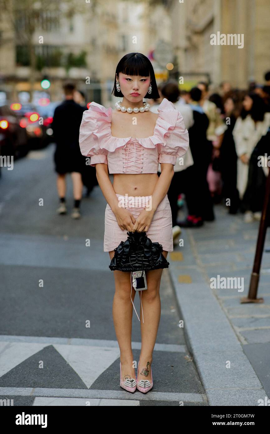 Street style, Lin Lin arriving at Alessandra Rich Spring Summer 2024 ...