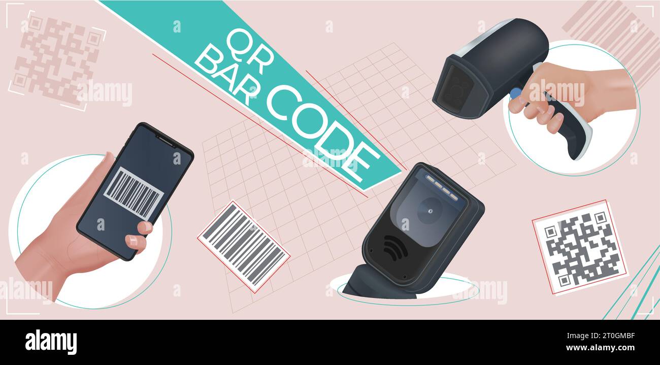 Scan codes composition with collage of realistic human hands holding scanners icons with qr and ...