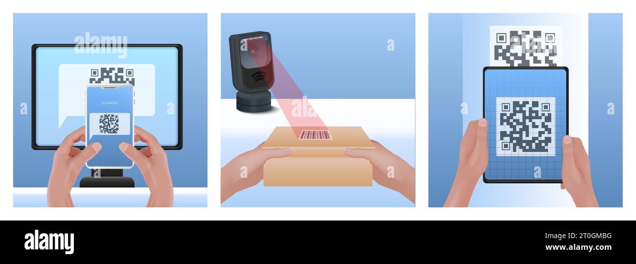 Scan codes set of three square compositions with realistic images of ...