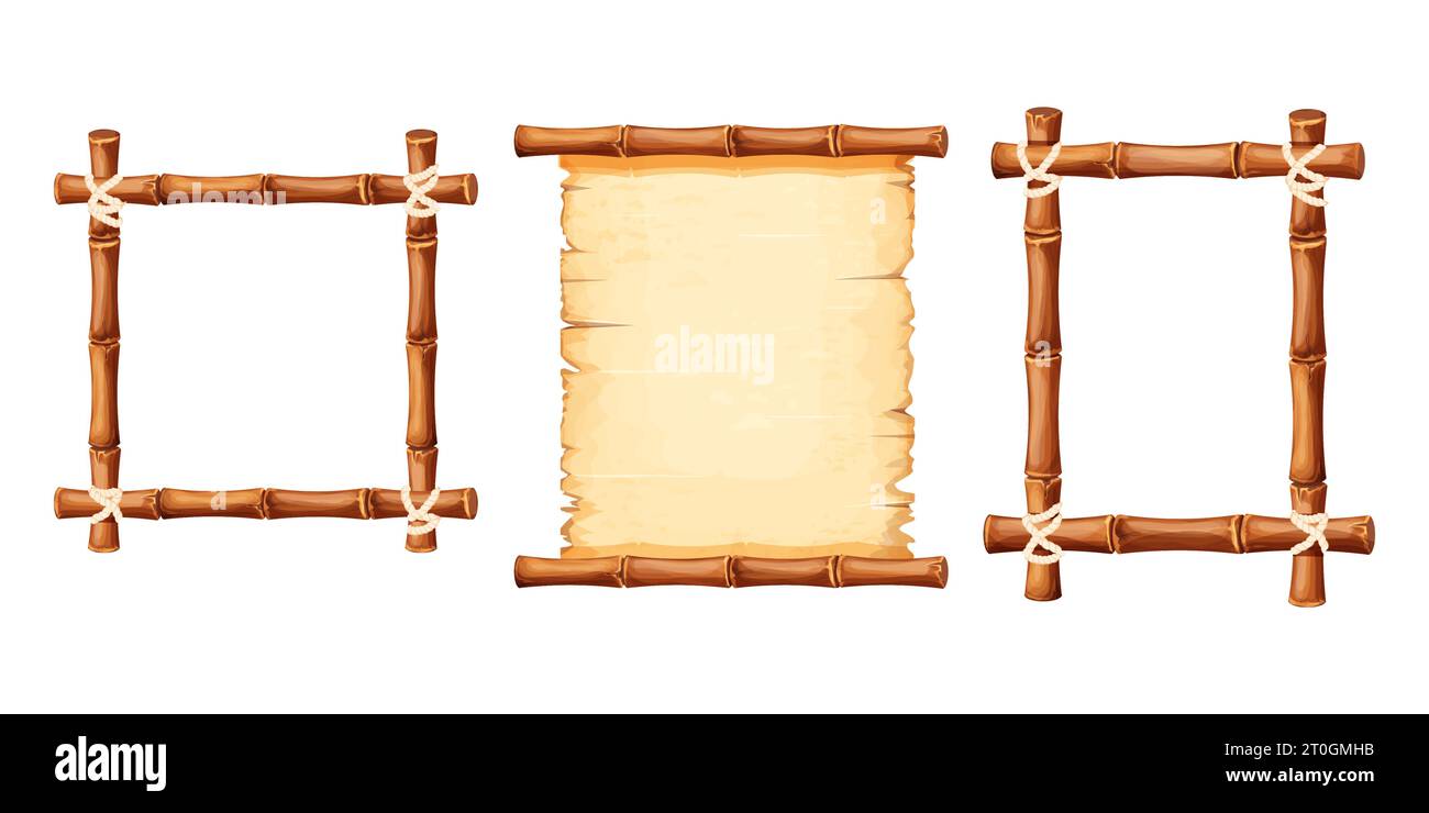 Set Bamboo frames with old parchment paper decorated with rope in ...