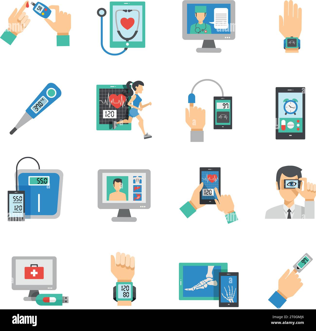 Digital health icons flat set with medical technologies symbols ...