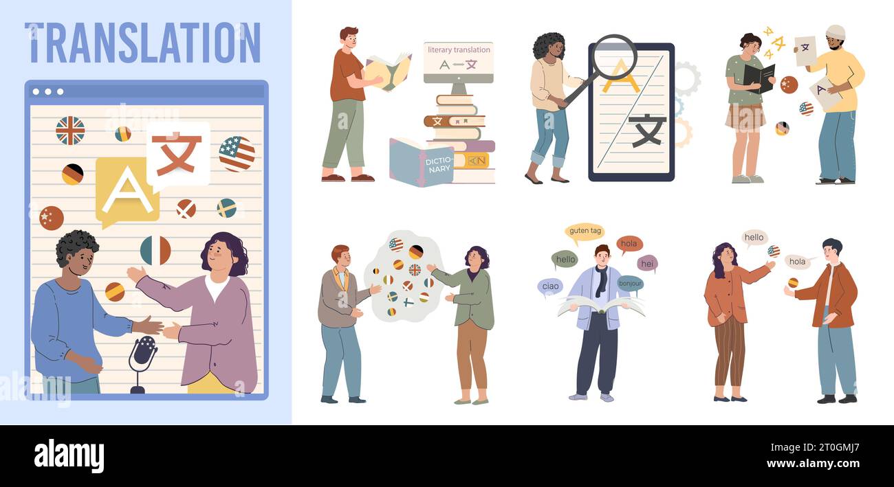 Translation service flat composition with country balls doodle people ...