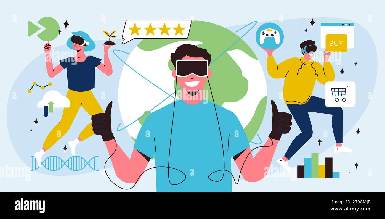 Vr flat concept with people wearing augmented reality headsets vector ...